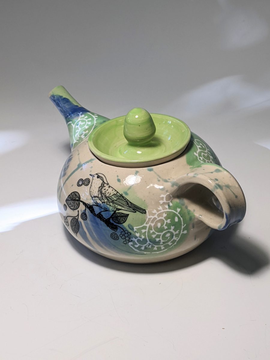 hand decorated bird teapot - pj pottery