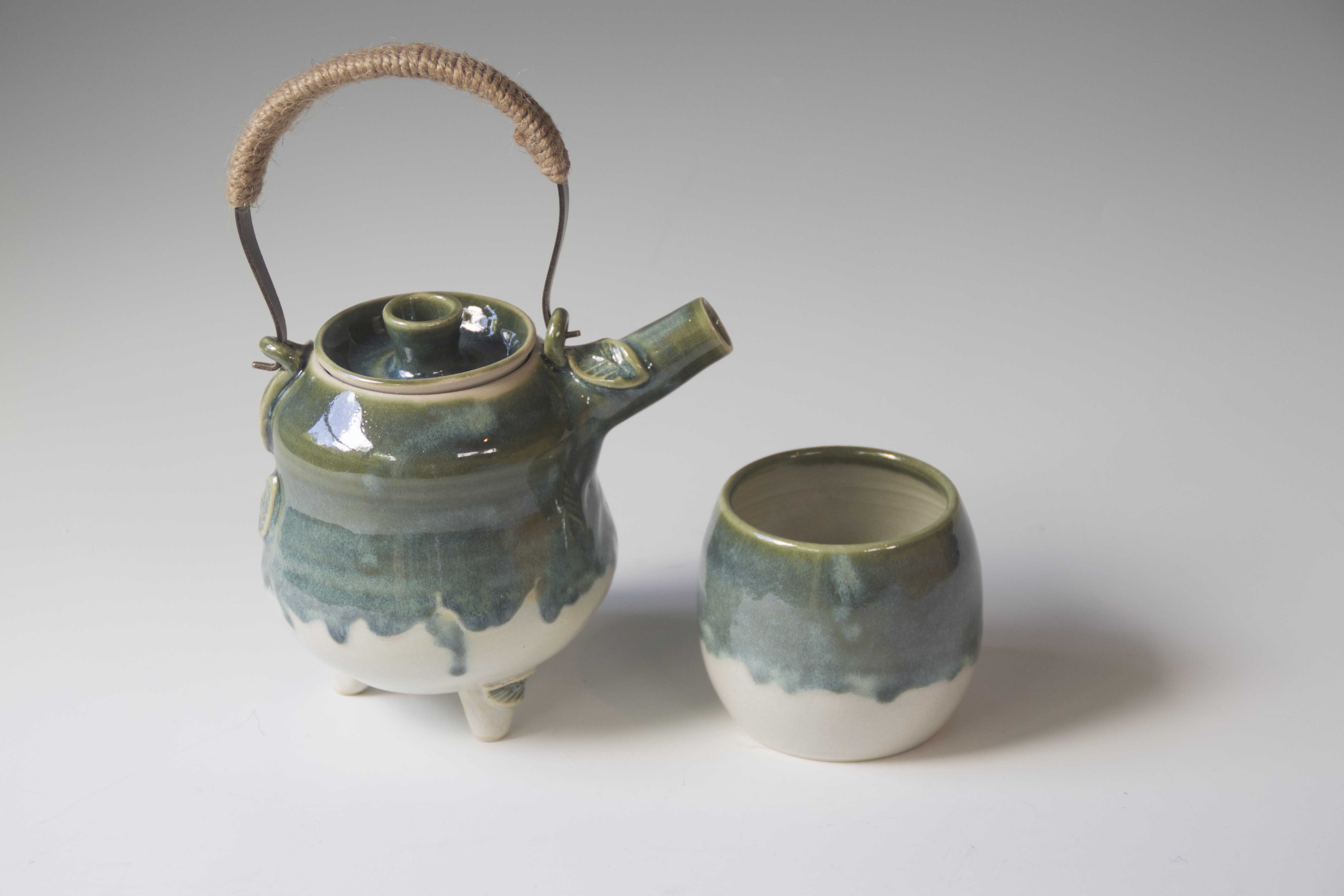 leafy green teapot with two cups - Australian made by PJ Pottery